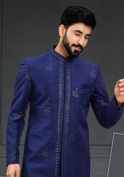 Buy Blue Embroidered Indo Western Sherwani Set For Men - XMS00208 - Groom's Edit - Indya