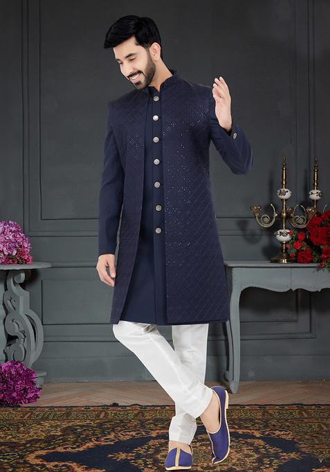 Buy Navy Blue Embroidered Indo Western Jacket And Kurta Set For Men ...