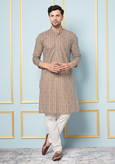 Buy Brown Striped Cotton Kurta Set For Men - XMS00946 - Groom's Edit ...