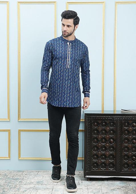 Buy Blue Printed Cotton Short Kurta For Men - XMS00979 - Summer Edit ...