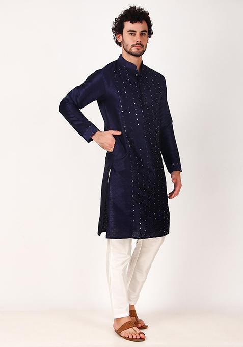 Buy Navy Blue Mirror Work Art Silk Kurta Set For Men - XMS03173 - Fits ...