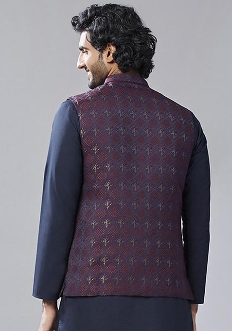 Buy Maroon Textured Silk Blend Jacquard Jacket - XMS04154 - Eid Nehru ...