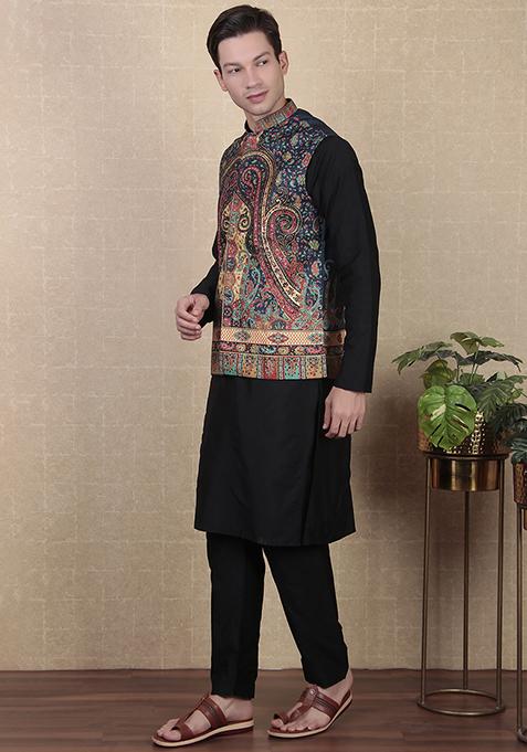 Buy Blue Digital Print Khadi Silk Nehru Jacket For Men - XMS05457 ...