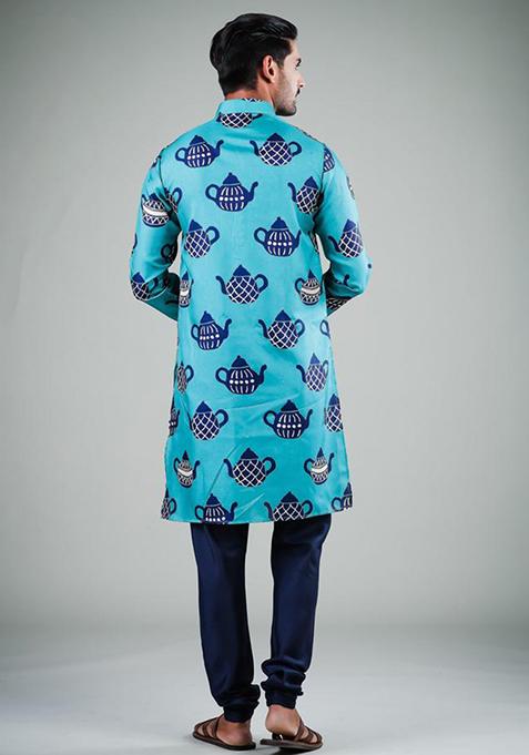 Buy Turquoise Printed Satin Cotton Kurta Pyjama Set For Men - XMS06059 ...
