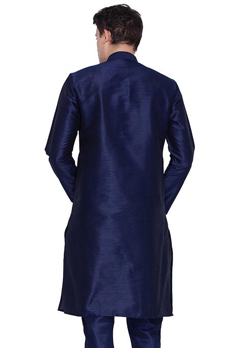 Buy Navy Blue Solid Art Silk Kurta Pyjama Set For Men - XMS06118 ...