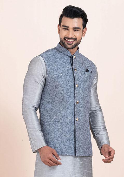 Buy Grey Solid Jacquard Nehru Jacket For Men - XMS06421 - Eid Nehru ...