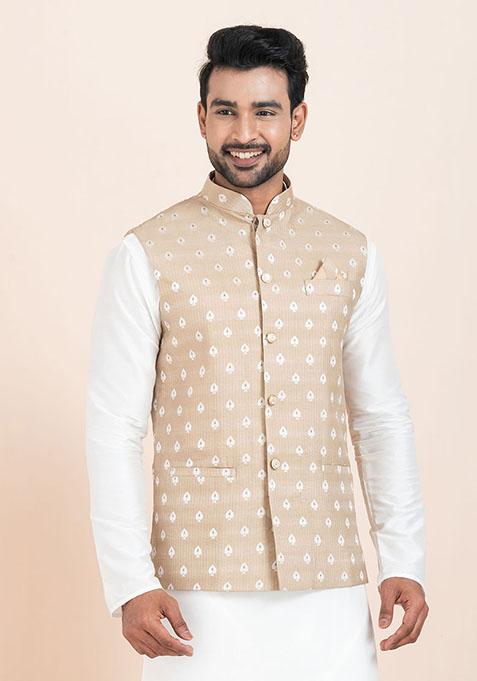 Buy Brown Solid Jacquard Nehru Jacket For Men - XMS06426 - Eid Nehru ...