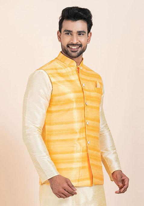 Buy Yellow Solid Jacquard Nehru Jacket For Men - XMS06448 - Nehru ...