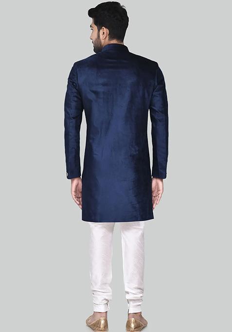 Buy Navy Blue Solid Silk Sherwani For Men - XMS07840 - Eid Sherwanis ...