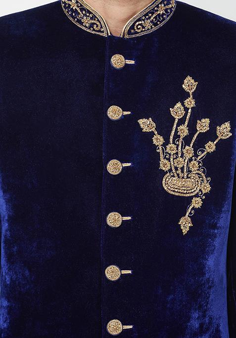 Buy Navy Blue Embroidered Silk Sherwani For Men - XMS07872 - Eid ...