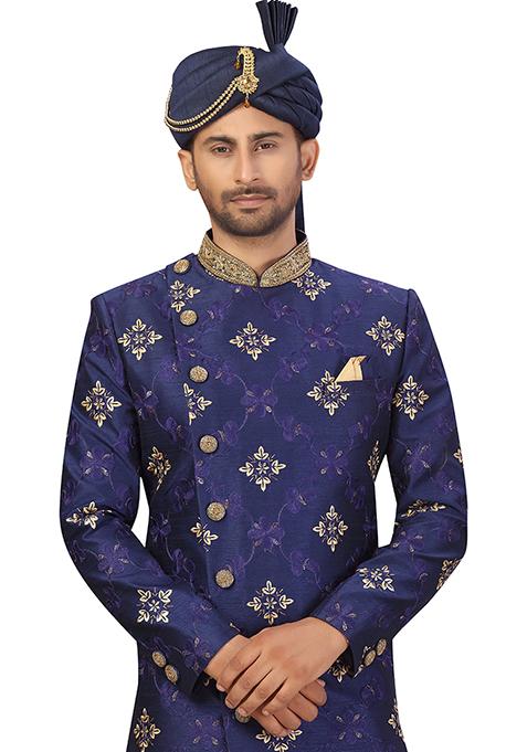 Buy Navy Blue Embroidered Silk Sherwani For Men - XMS08113 - Sherwani ...