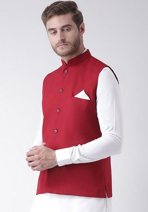 Buy Red Solid Cotton Nehru Jacket Set For Men - XMS08294 - Nehru ...