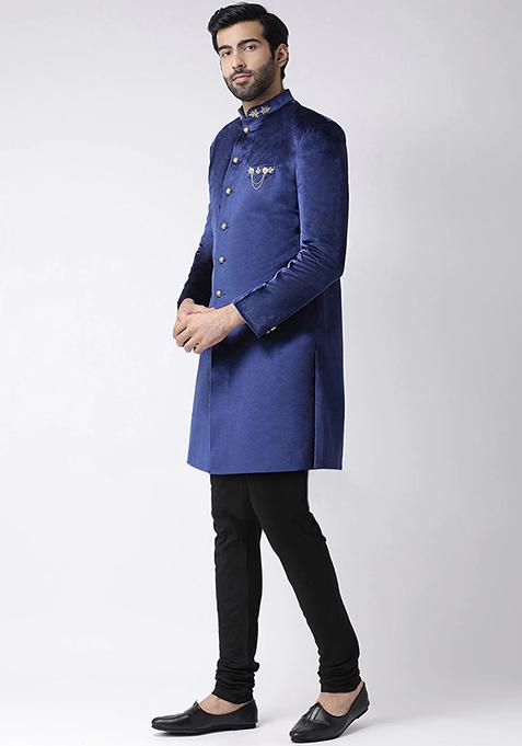 Buy Navy Blue Solid Velvet Sherwani For Men - XMS08347 - Eid Sherwanis ...