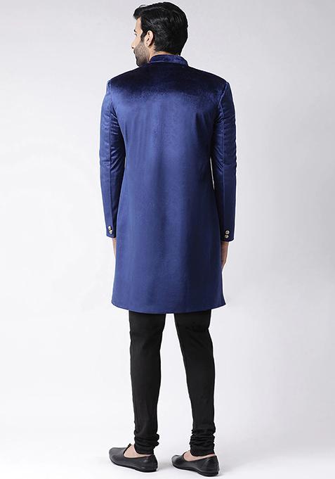 Buy Navy Blue Solid Velvet Sherwani For Men - XMS08347 - Eid Sherwanis ...