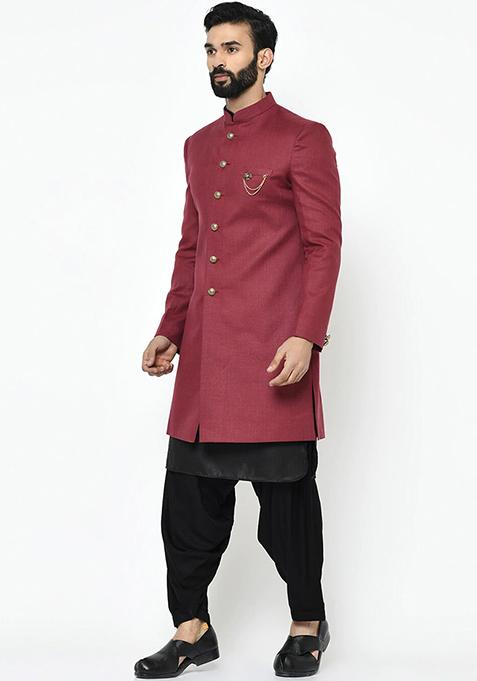 Buy Maroon Solid Cotton Sherwani For Men - XMS08363 - Eid Sherwanis - Indya