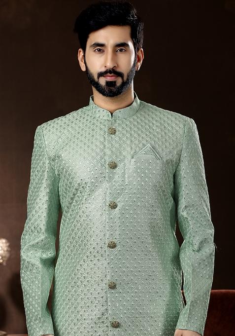 Buy Mint Green Thread Embroidered Cotton Sherwani Set For Men ...