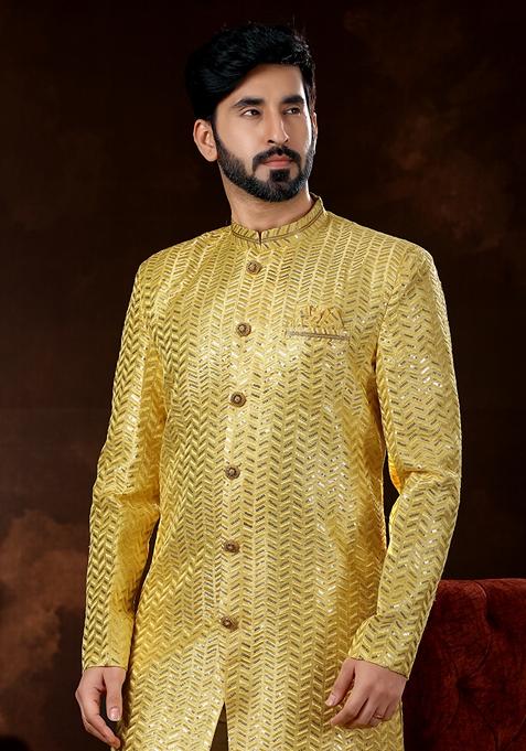 Buy Yellow Thread Embroidered Cotton Sherwani Set For Men - XMS08455 ...