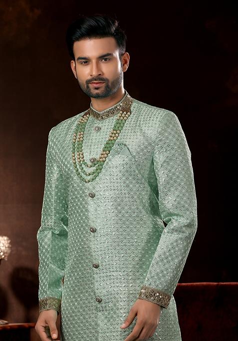 Buy Mint Green Thread Embroidered Cotton Sherwani Set For Men ...