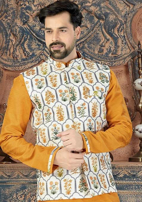 Buy Yellow Embroidered Silk Jacket Set For Men - XMS08516 - Nehru ...