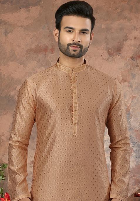 Buy Chiku Brown Thread Work Jacquard Kurta Set For Men - XMS08565 ...