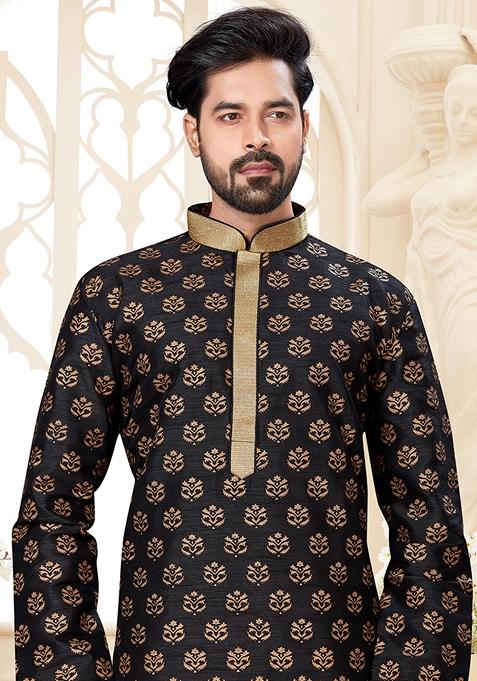 Buy Black Thread Embroidered Silk Kurta Set For Men - XMS08611 - Kurta ...