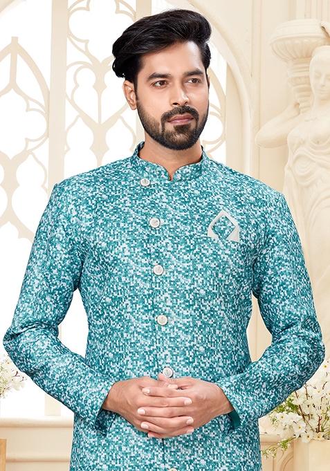 Buy Sea Blue Printed Jacquard Indo Western Sherwani Set For Men - XMS08627 - Sherwani for Men ...
