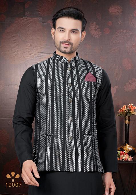 Buy Black Embroidered Cotton Nehru Jacket Set For Men - XMS08838 - Eid ...