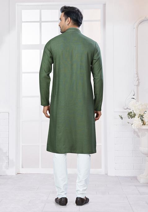 Buy Mehandi Green Embroidered Cotton Kurta Set For Men - XMS08903 - Eid ...