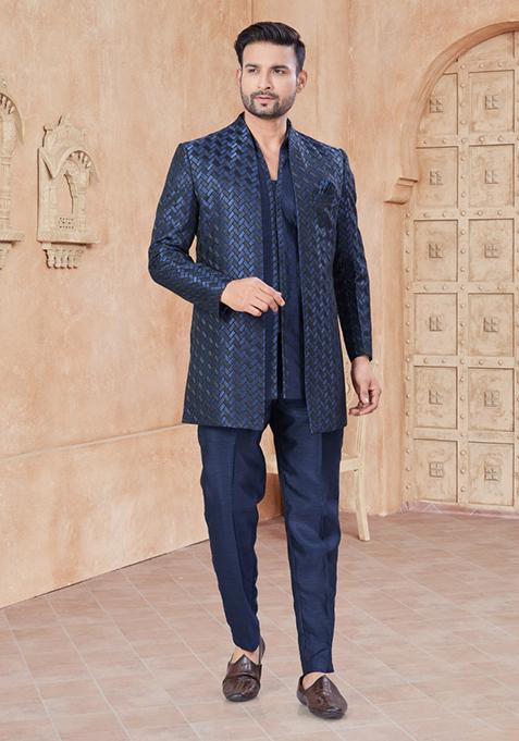 Buy Navy Blue Embroidered Silk Indo Western Sherwani Set For Men ...