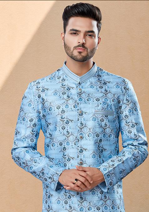 Buy Blue Thread Embroidered Jacquard Indo Western Sherwani Set For Men - XMS09059 - Sherwani for ...