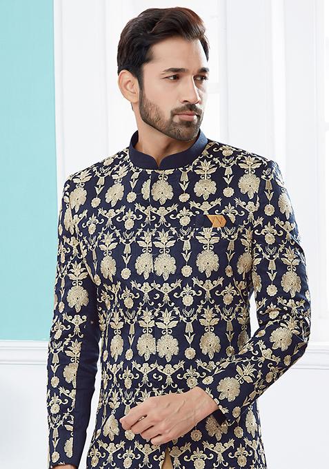 Buy Navy Blue Thread Embroidered Velvet Indo Western Sherwani Set For Men - XMS09084 - Sherwani ...