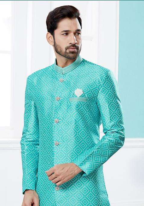 Buy Sea Blue Thread Embroidered Jacquard Indo Western Sherwani Set For Men - XMS09108 - Sherwani ...