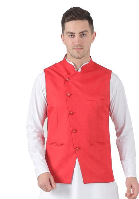 Buy Red Solid Poly Viscose Nehru Jacket Set For Men - XMS09156 - Nehru ...