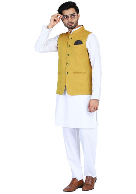 Buy Yellow Solid Cotton Blend Nehru Jacket Set For Men - XMS09167 ...