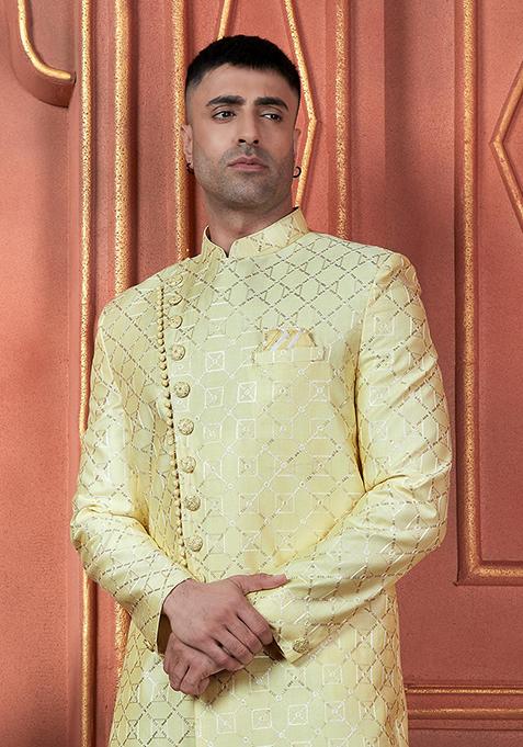 Buy Yellow Embroidered Silk Indo Western Sherwani Set For Men ...