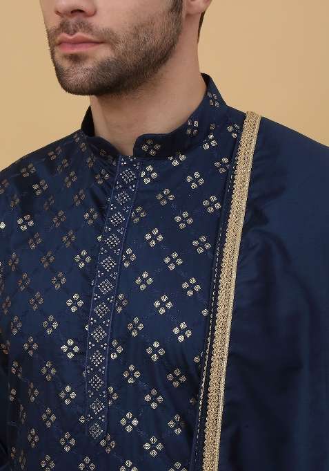 Buy Blue Embroidered Silk Blend Kurta Set For Men - XMS25974 - Men - Indya