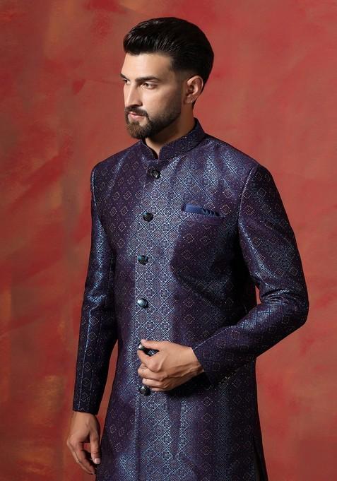 Buy Navy Blue Embroidered Jacquard Sherwani Set For Men - XMS26559 ...