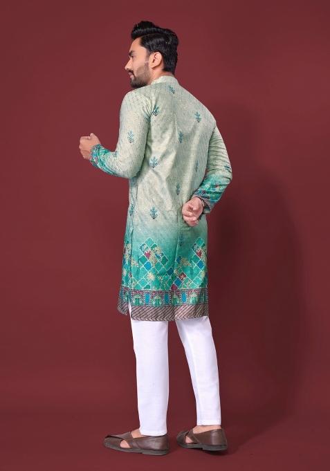 Buy Turquoise Embroidered Cotton Kurta With Pyjama For Men - XMS27354 ...