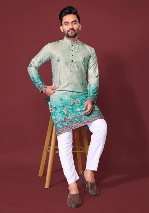 Buy Turquoise Embroidered Cotton Kurta With Pyjama For Men - XMS27354 ...