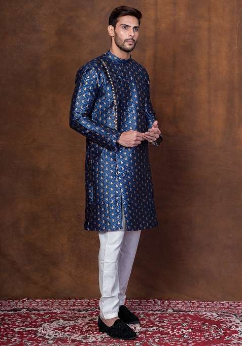 Buy Navy Blue Printed Blended Kurta Patiala Set For Men - XMS27472 ...