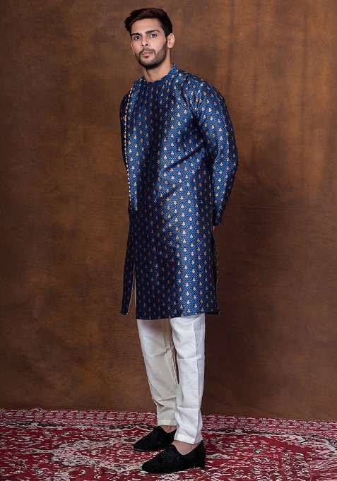 Buy Navy Blue Printed Blended Kurta Patiala Set For Men - XMS27472 ...