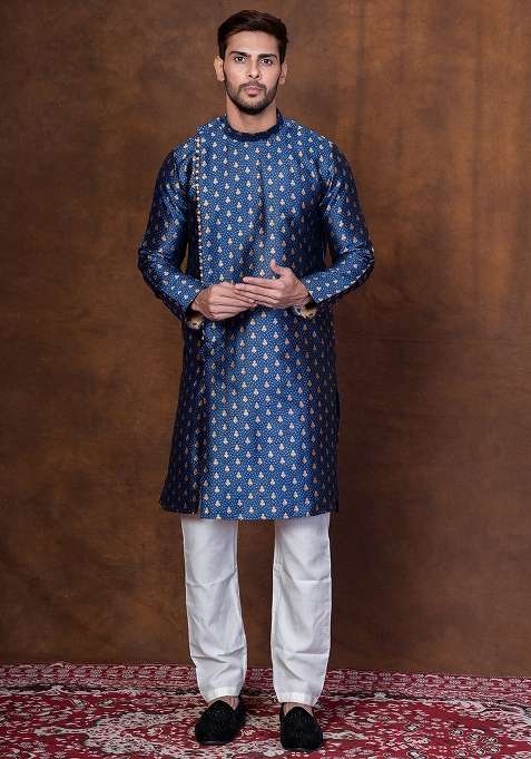 Buy Navy Blue Printed Blended Kurta Patiala Set For Men - XMS27472 ...