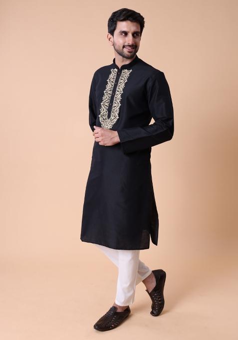 Buy Black Thread Work Cotton Kurta For Men - XMS27693 - Eid Kurtas for ...