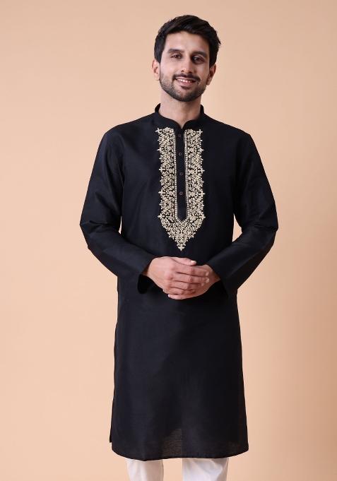Buy Black Thread Work Cotton Kurta For Men - XMS27693 - Eid Kurtas for ...