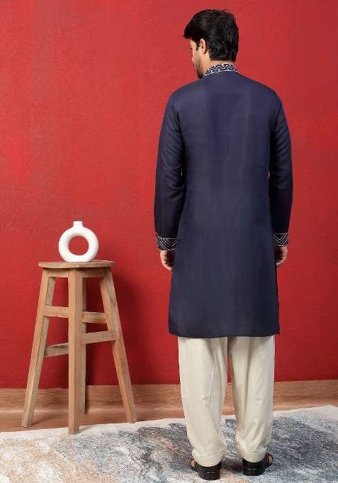 Buy Blue Embroidered Silk Blend Kurta Set For Men - XMS29596 - Men - Indya