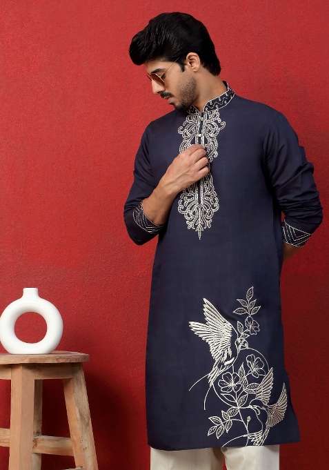 Buy Blue Embroidered Silk Blend Kurta Set For Men - XMS29596 - Men - Indya