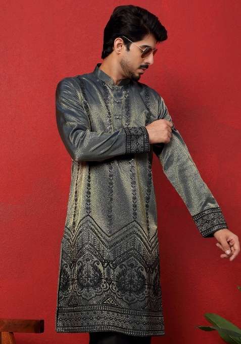 Buy Blue Embroidered Silk Blend Kurta Set For Men - XMS29630 - Men - Indya