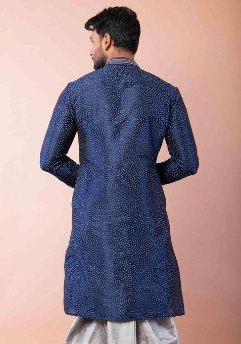 Buy Navy Blue Embroidery Silk Kurta Set For Men - XMS32403 - Men - Indya