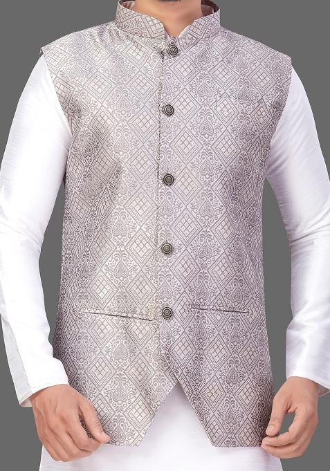 Buy White Solid Art Silk Nehru Jacket Set For Men - XMS50015 - Nehru Jackets & Sets - Indya