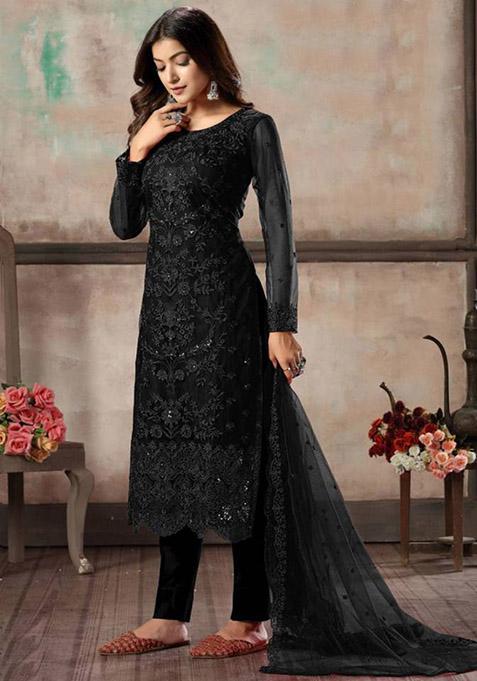 Buy Women Black Embroidered Net Kurta Set - XPK00294 - Plus Size Kurta ...